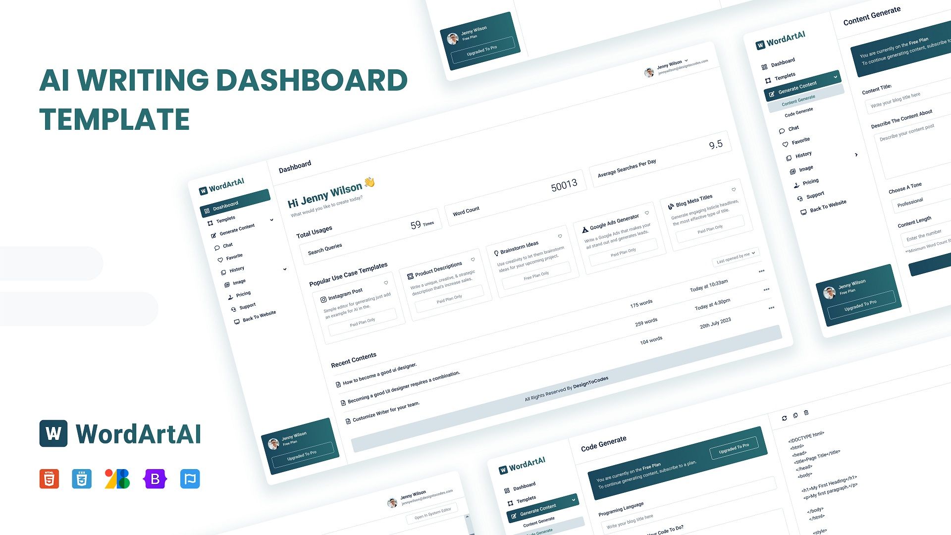 WordArtAI - AI Writing SaaS Dashboard Template - DesignToCodes WordArtAI - AI Writing SaaS Dashboard Template - DesignToCodes