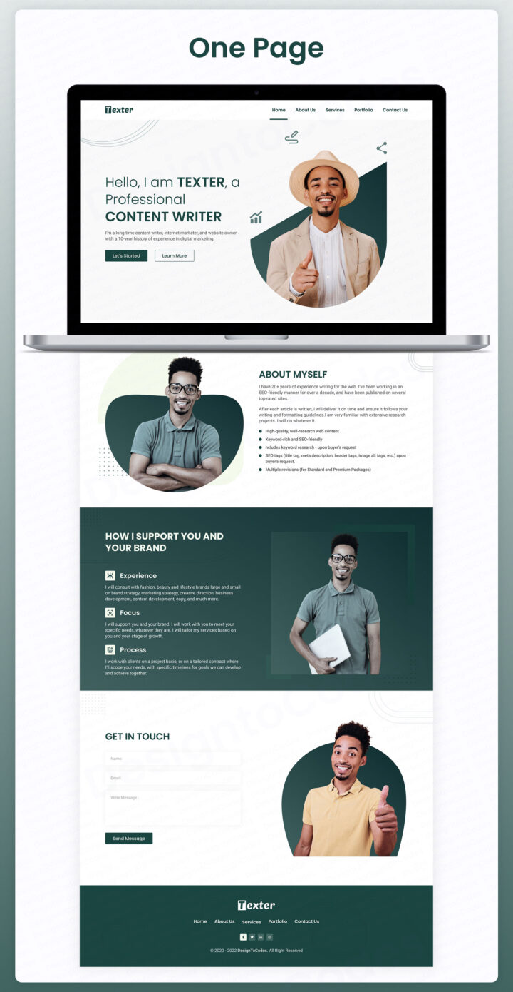 Texter v1: Premium One-Page Writer Portfolio Figma Template - DesignToCodes