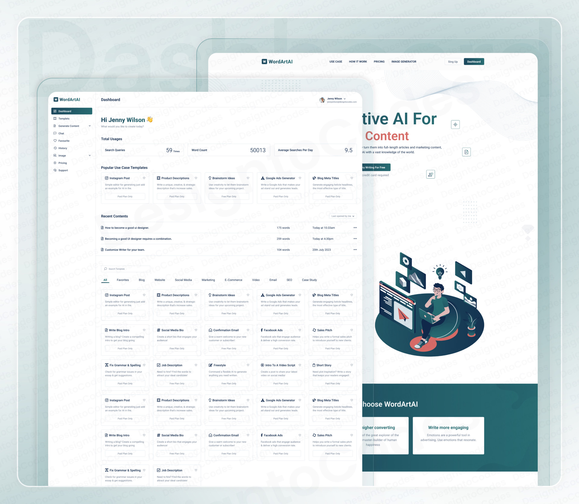 WordArtAI - Premium Figma AI Writing SaaS Dashboard Template - DesignToCodes