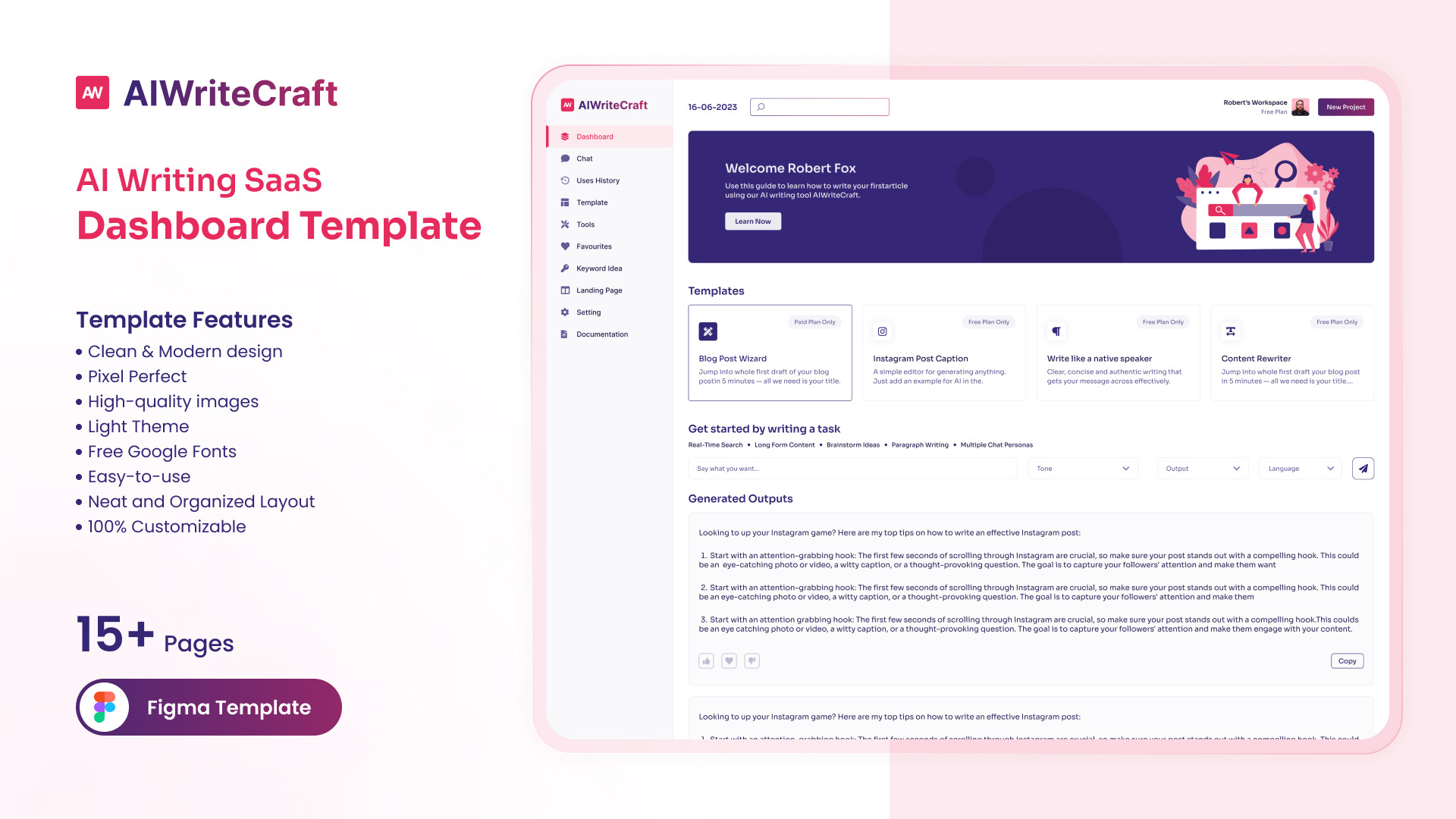 AIWriteCraft - Figma SaaS Dashboard Template for AI Writing - DesignToCodes