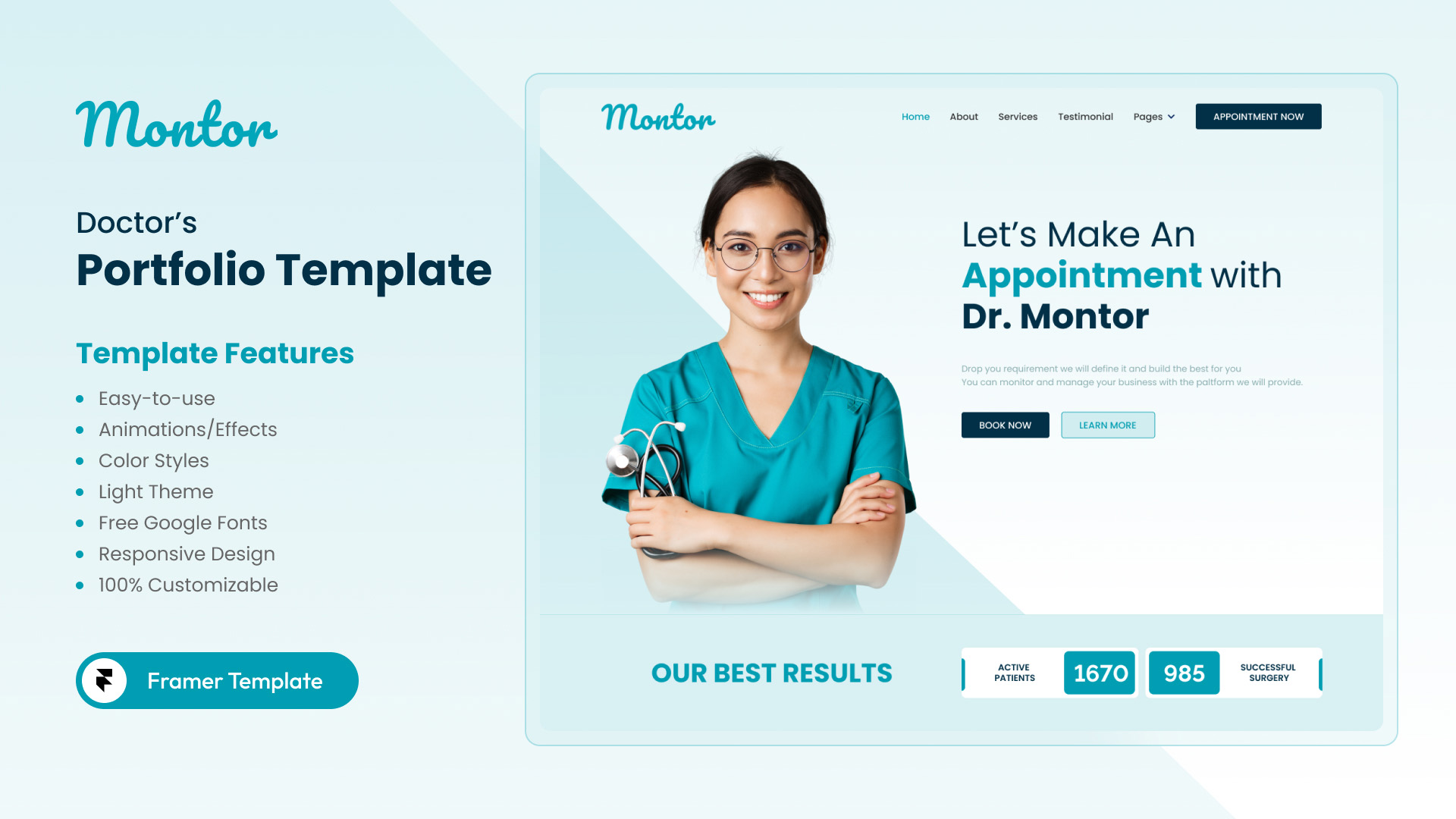 Montor – Doctor Portfolio Website Template for Framer - DesignToCodes